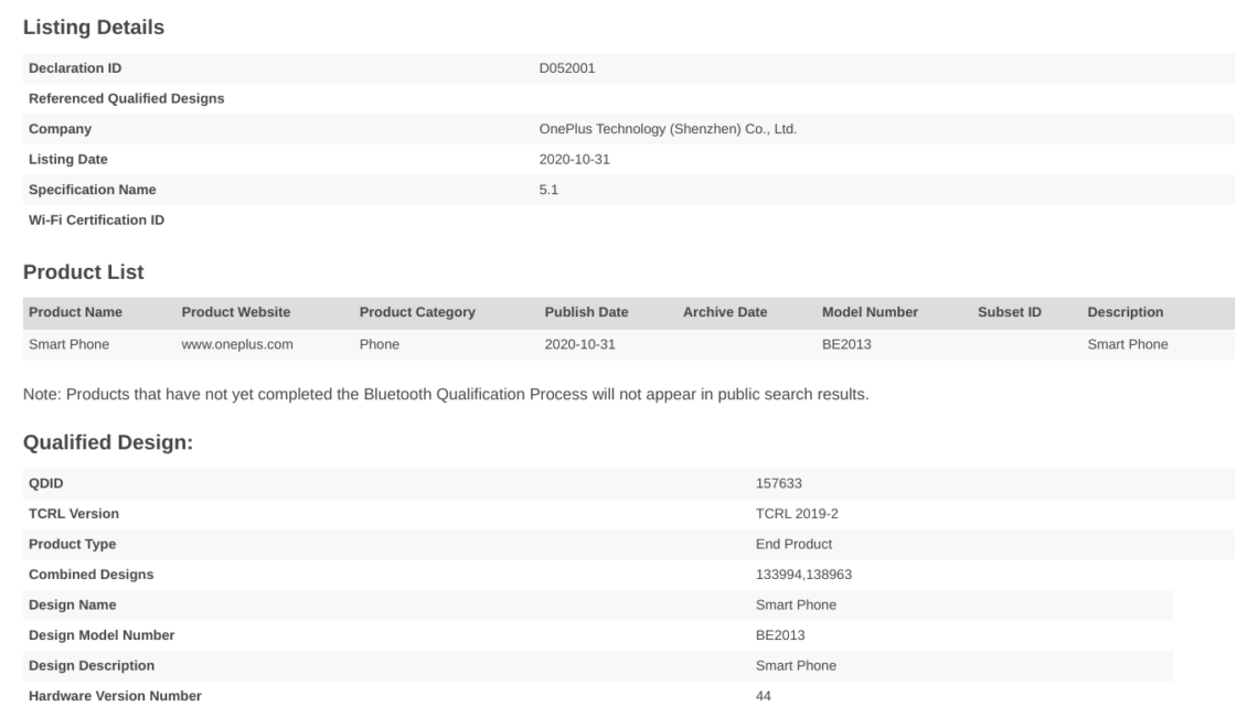OnePlus' upcoming device BE2013 receive SIG Bluetooth certification ...